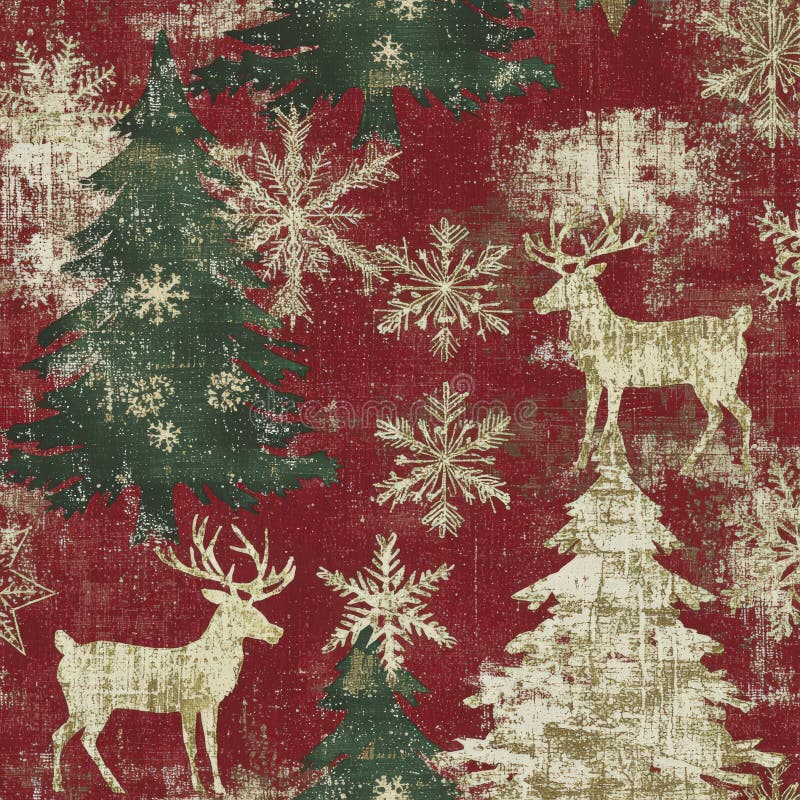 Rustic Christmas Pattern with Trees and Reindeer Stock Image - Image of ...