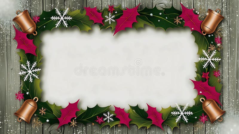 Rustic Christmas Photo Frame with Holly, Snowflakes, and Glitte Stock ...
