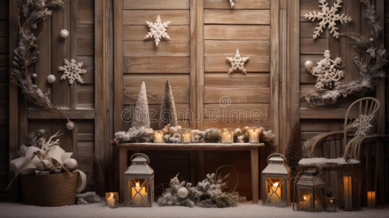 Rustic Christmas Scene Featuring Wooden Decor Stock Illustration ...