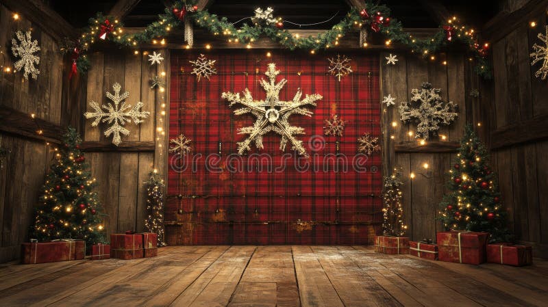 Rustic Christmas Scene with Plaid Wall and Christmas Trees Stock Photo ...