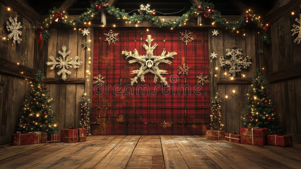 Rustic Christmas Scene with Plaid Wall and Christmas Trees Stock Photo ...