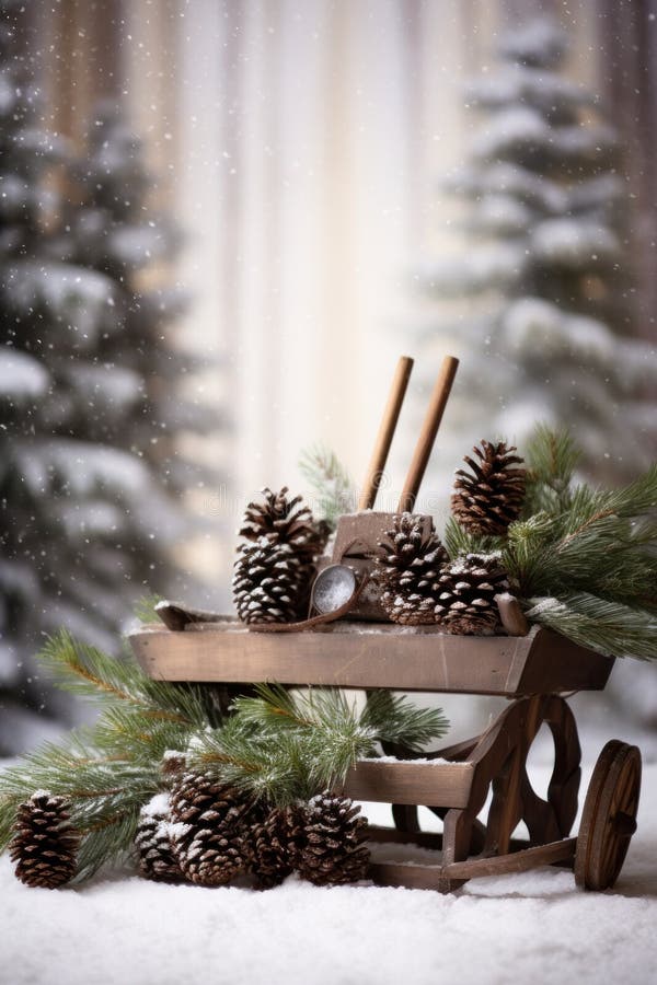 A Rustic Christmas Scene with a Wooden Sled, Pine Cones, and Evergreen ...