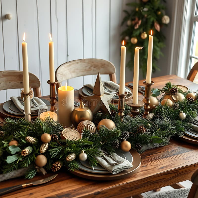 A Rustic Christmas Setup with Wooden Ornaments and Natural Garlands ...