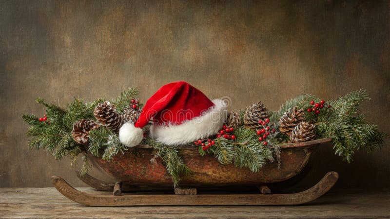 A Rustic Christmas Sled Filled with Evergreen Branches, Pine Cones, Red ...
