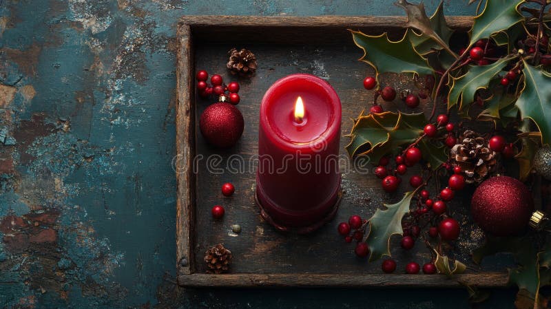 Rustic Christmas Still Life with Red Candle and Holly Stock ...