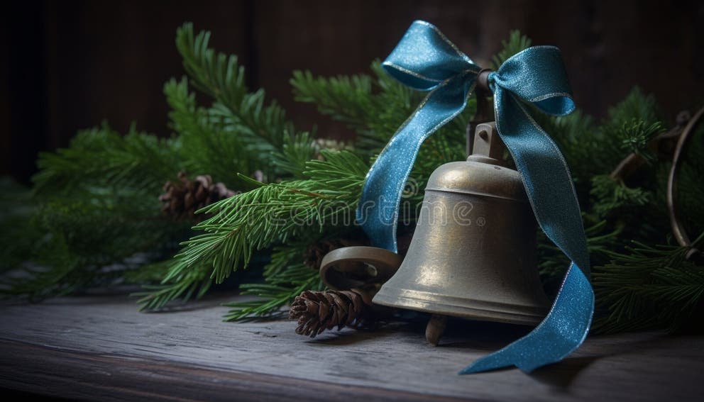 Rustic Christmas Table Decoration with Evergreen Tree and Handbell ...