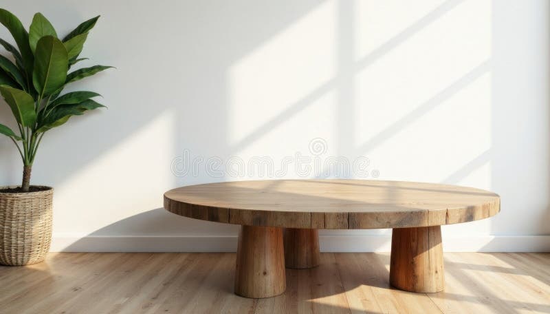Rustic Circular Wooden Table, Unique Shadow Effect, Clean White Wall ...
