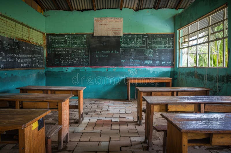 A Rustic Classroom in a Developing Country, Showing Simple Wooden Desks ...