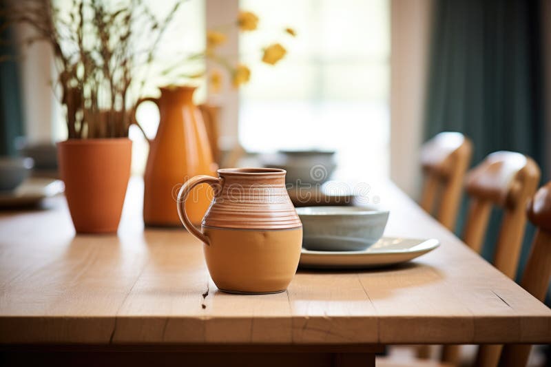 Rustic Clay Dinner Set with a Pitcher on an Oak Dining Table Stock ...