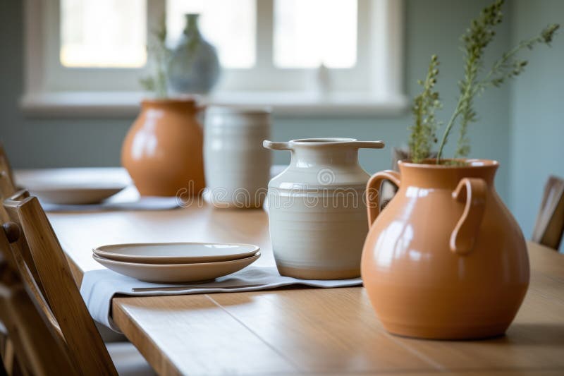Rustic Clay Dinner Set with a Pitcher on an Oak Dining Table Stock ...