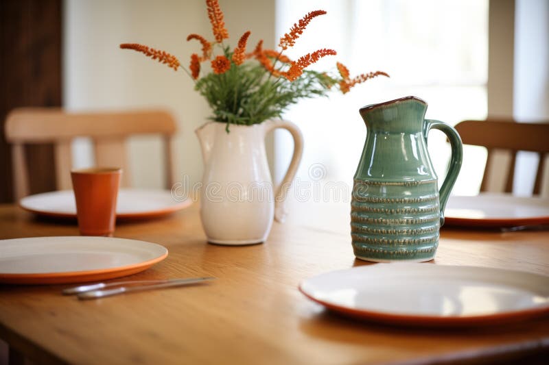 Rustic Clay Dinner Set with a Pitcher on an Oak Dining Table Stock ...