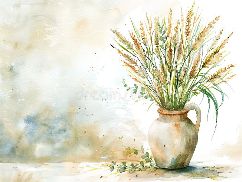 A Rustic Clay Jug Filled with Dried Grass and Greenery Against a Softly ...