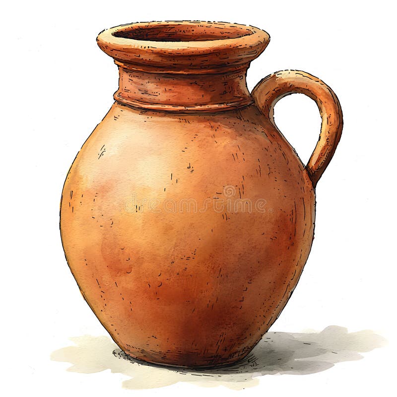 Rustic Clay Pot with Handle Artistic Drawing Isolated on White ...