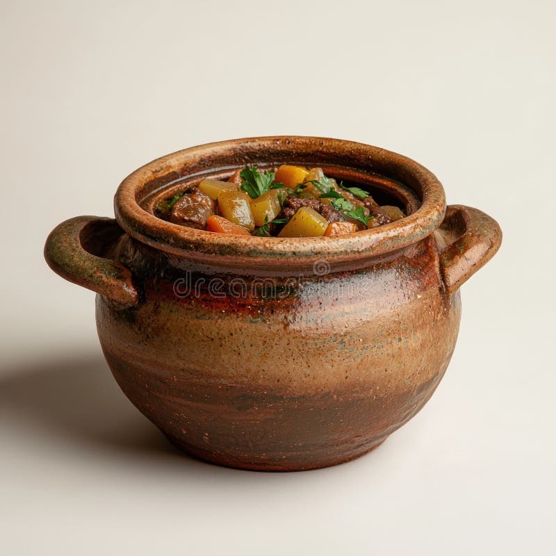 Rustic Clay Pot with Hearty Vegetable and Meat Stew Displayed on a ...