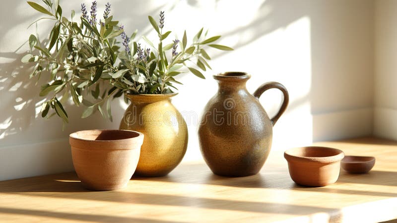 Rustic Clay Pots and Herbal Arrangement on Sunlit Wooden Surface Stock ...