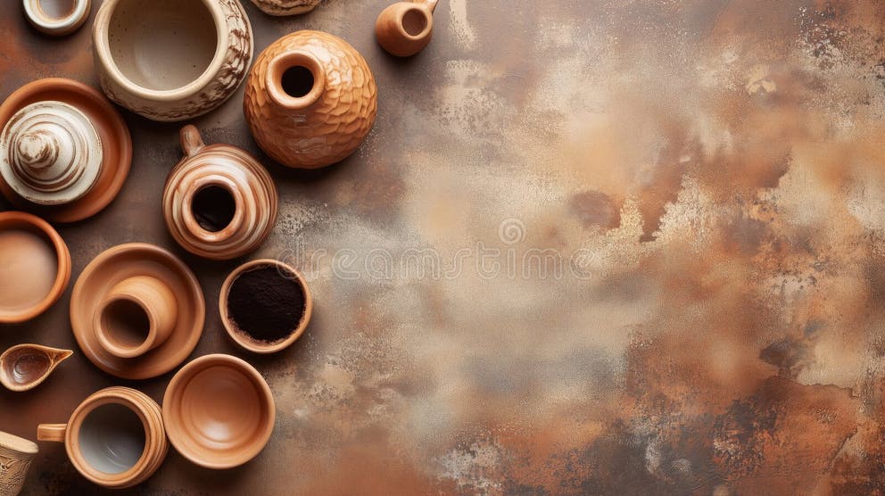 Rustic Clay Pottery Collection with Earthenware Jars and Cups on ...