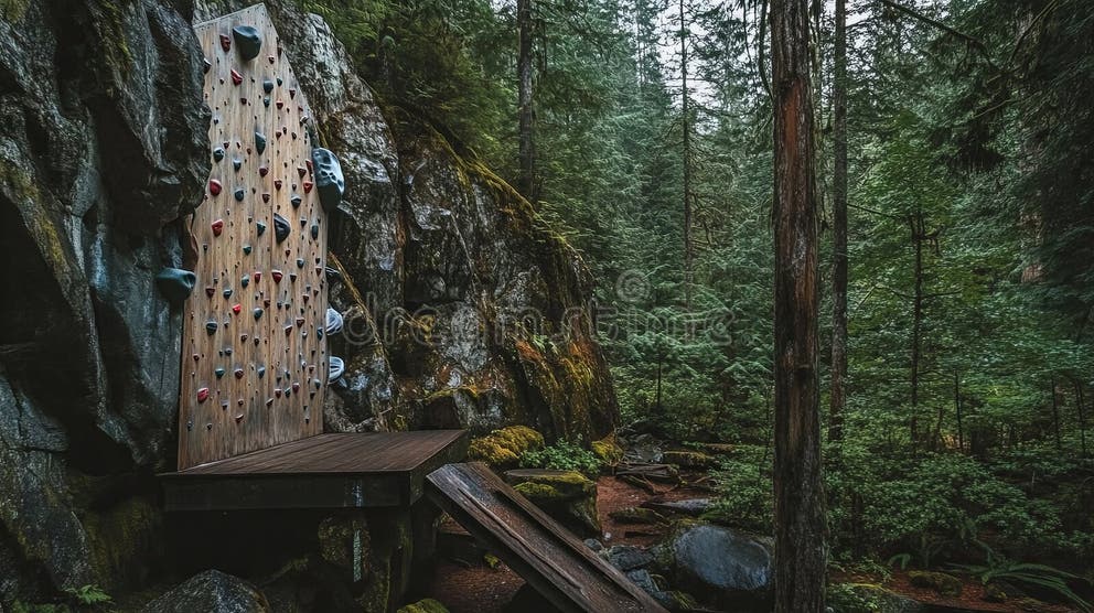 A Rustic Climbing Wall on a Rocky Cliffside Surrounded by Dense Forest ...
