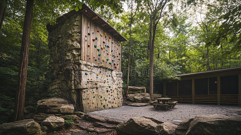 A Rustic Climbing Wall on a Rocky Cliffside Surrounded by Dense Forest ...