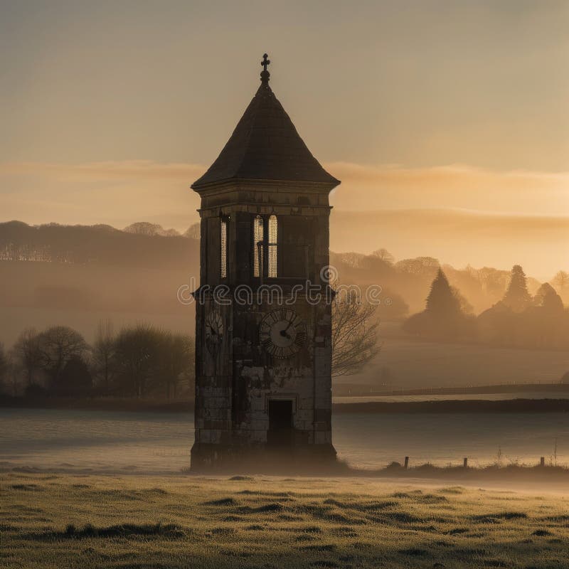 Rustic Clock Tower in Misty Landscape Stock Image - Image of historical ...