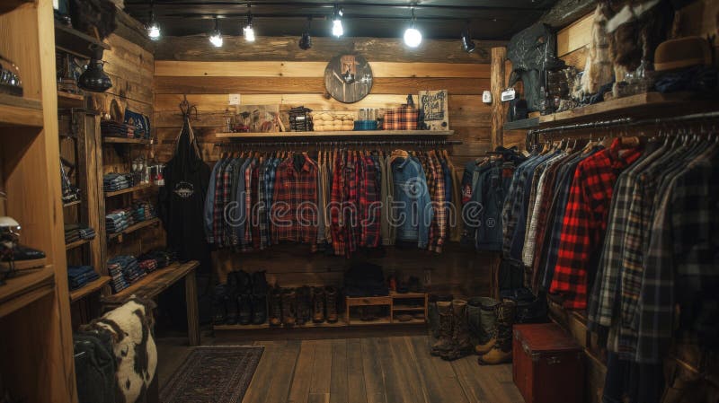 Rustic Clothing Store Interior with Plaid Shirts and Boots Stock ...