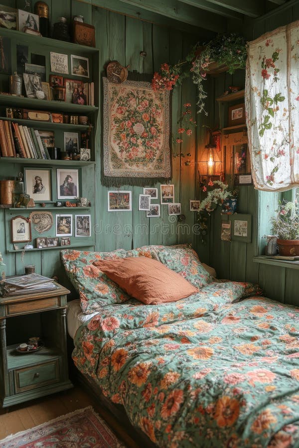 Rustic Cluttercore Bedroom with Green Walls and Floral Bedding Stock ...