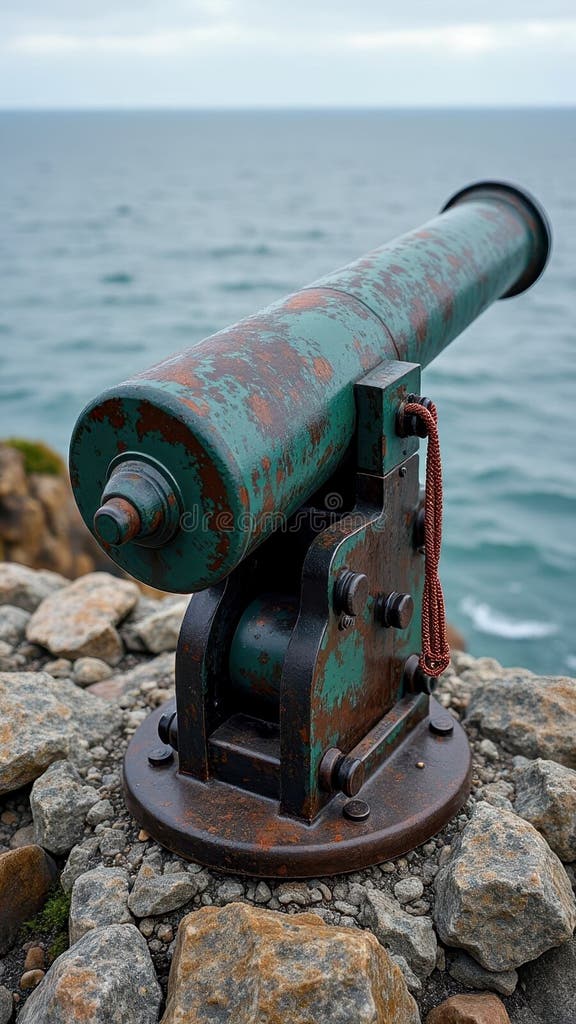 Rustic Coastal Cannon on Weathered Stone Platform Overlooking the Sea ...