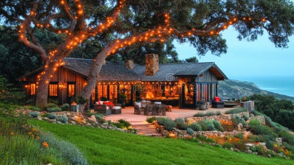 Rustic Coastal Home with Ocean View at Night Stock Illustration ...