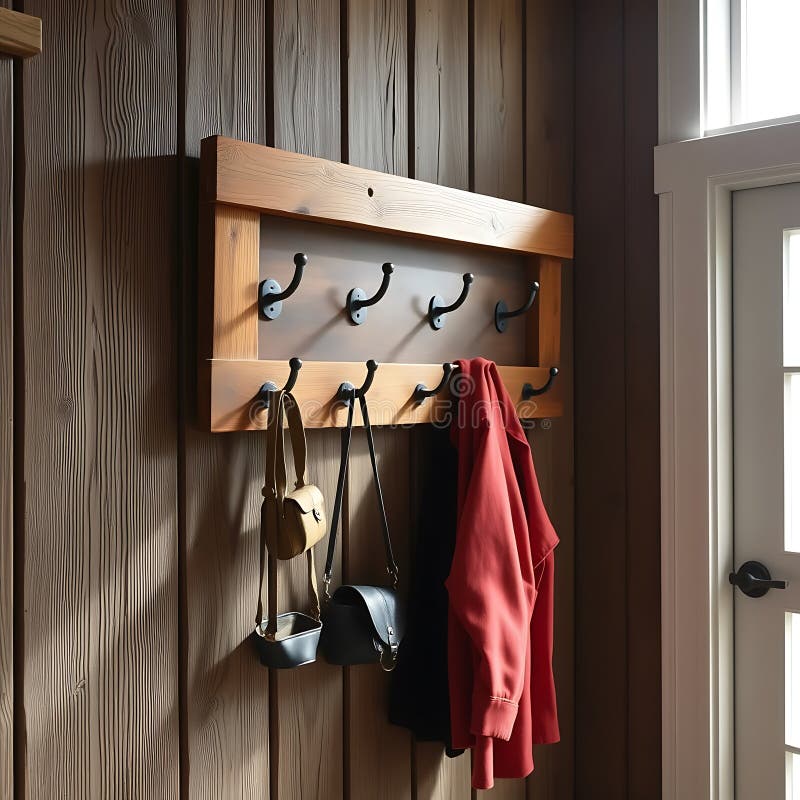 A Rustic Coat Rack with an Old Wooden Design Hanging on a Barn Style ...