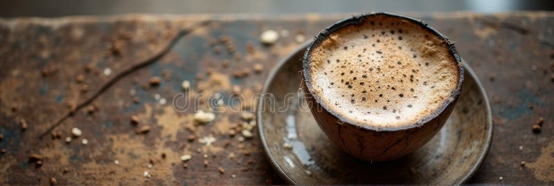 Rustic Coconut Shell Coffee Cup on Wooden Table with Frothy Drink Stock ...