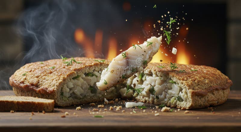Rustic Cod Pie with Dill Sprinkles Against Fireplace Backdrop in Cozy ...