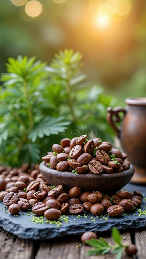 Rustic Coffee Beans Display in Garden Setting with Wooden Crafts and ...