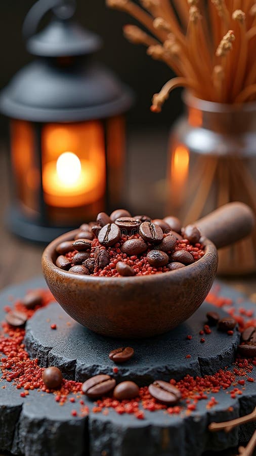 Rustic Coffee Beans and Red Spice Mix in Wooden Bowl Near Lantern Stock ...