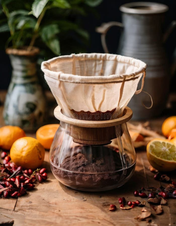 Rustic Coffee Brewing Setup with Citrus Fruits and Spices Stock Image ...