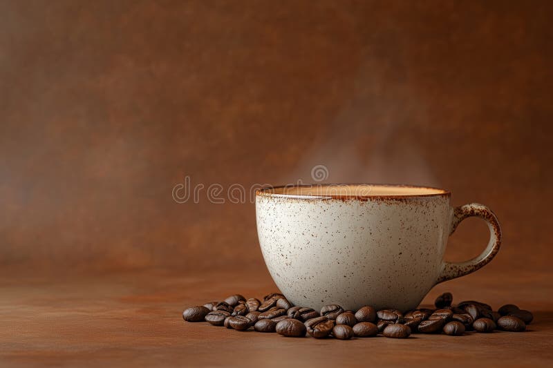 Rustic Coffee Cup with Beans on Brown Background Stock Photo - Image of ...
