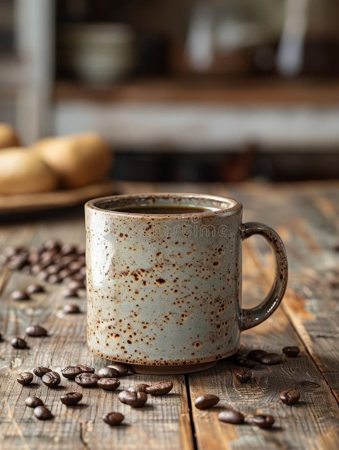 Rustic Coffee Cup with Coffee Beans on a Wooden Table Stock Photo ...