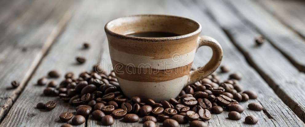 Rustic Coffee Cup on a Wooden Table with Coffee Beans Stock Image ...