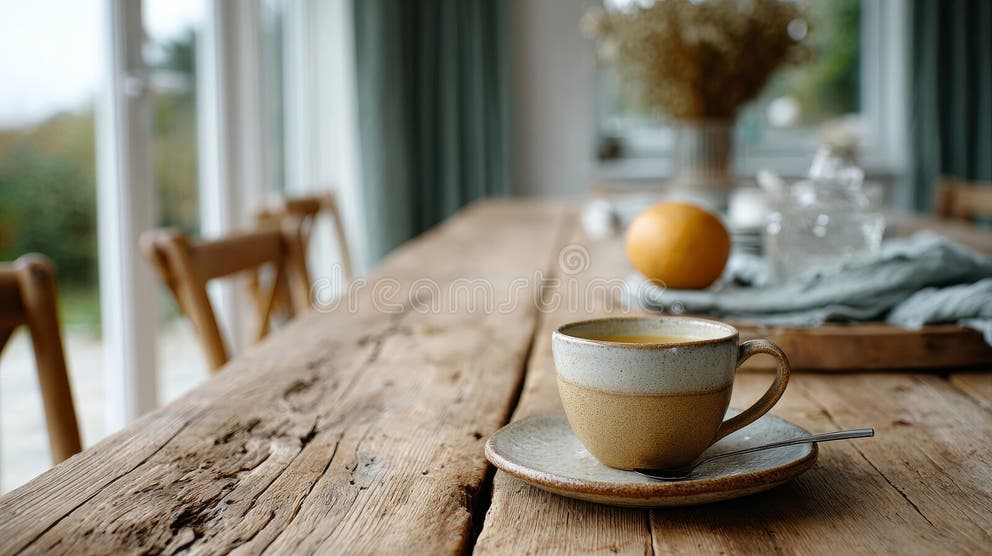 Rustic Coffee Cup on Wooden Table in Cozy Kitchen Setting. Stock Photo ...