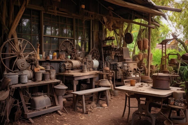 Rustic Coffee Farm with Old Machinery and Tools Stock Illustration ...