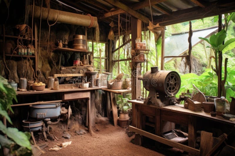 Rustic Coffee Farm with Old Machinery and Tools Stock Illustration ...