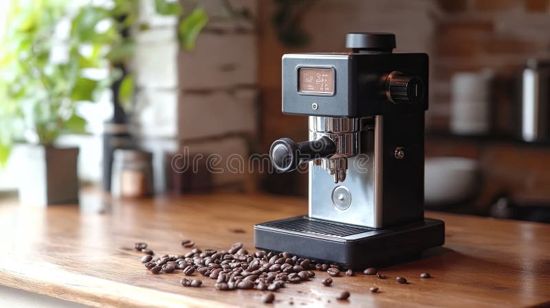 A Rustic Coffee Grinder on a Wooden Counter with Spilled Coffee Beans ...