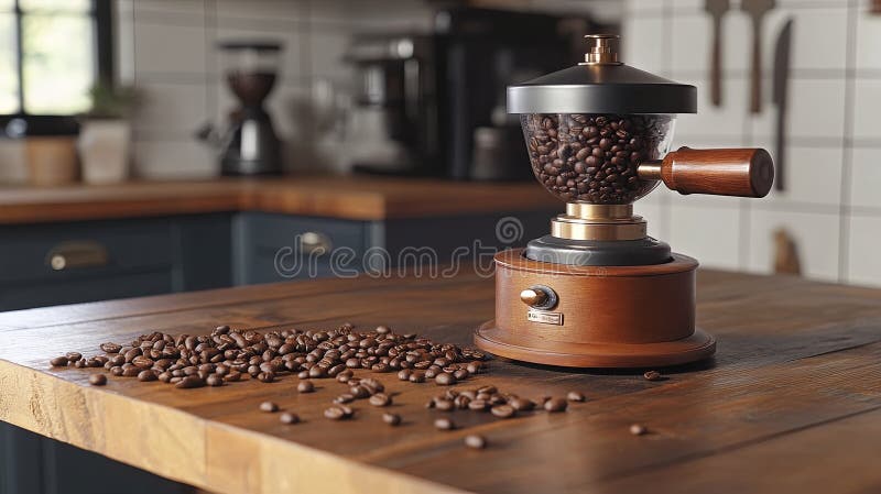 A Rustic Coffee Grinder on a Wooden Counter with Spilled Coffee Beans ...