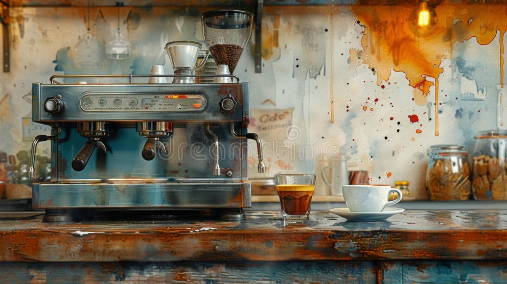 Rustic Coffee Machine in a Cozy Cafe - Generative Ai Stock Illustration ...