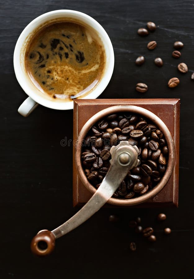 Rustic Coffee Mill and Cup of Coffee Stock Photo - Image of flavor ...