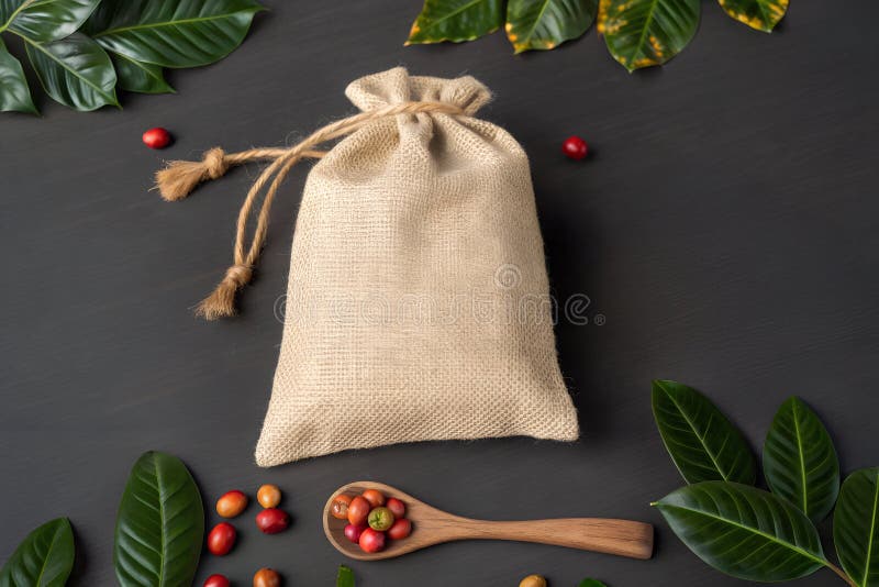 Rustic Coffee Packaging Mockup with Burlap Sack and Coffee Beans on ...