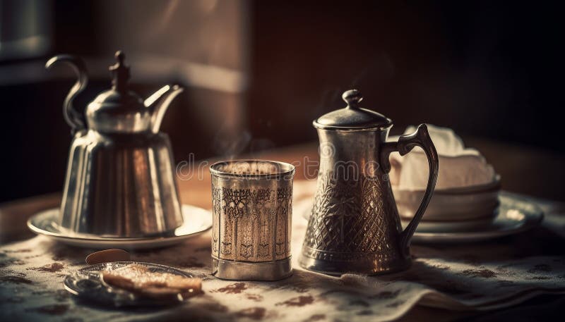 Rustic Coffee Pot and Cup on Table Generated by AI Stock Illustration ...