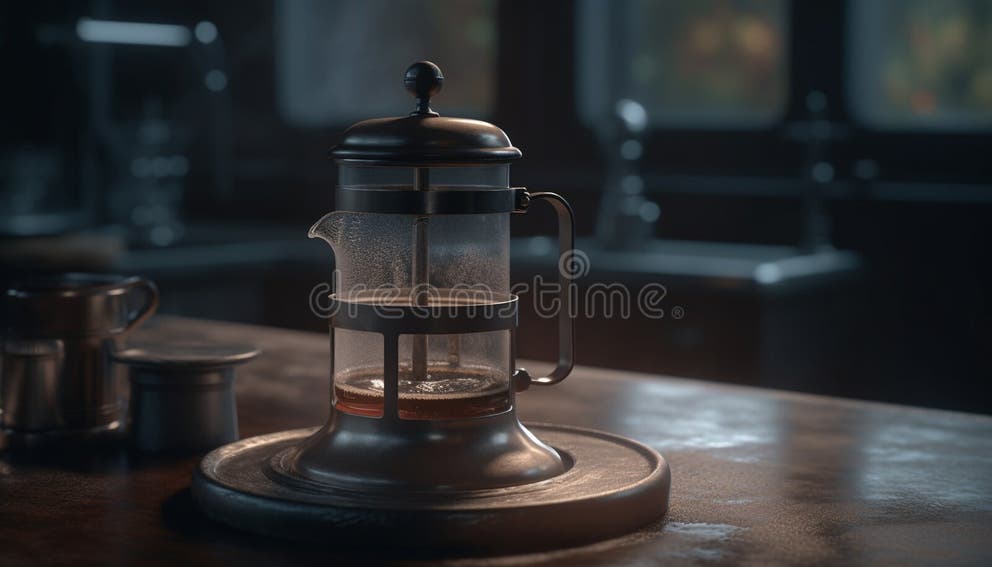 Rustic Coffee Pot on Old Fashioned Wooden Table in Dark Kitchen ...