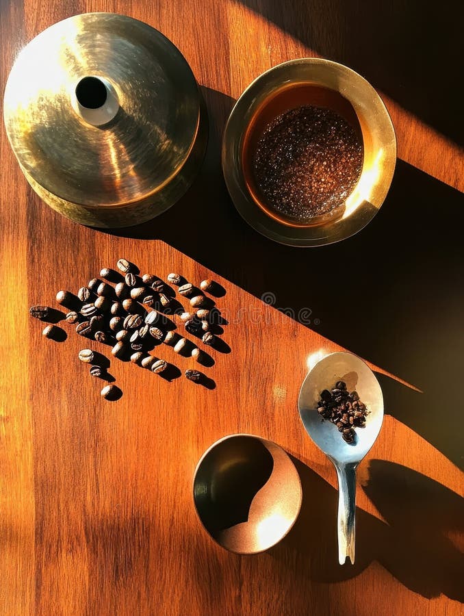 Rustic Coffee Preparation Scene with Brassware and Coffee Beans Stock ...