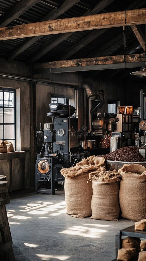 A Rustic Coffee Roastery with Burlap Sacks of Beans and Roasting Stock ...