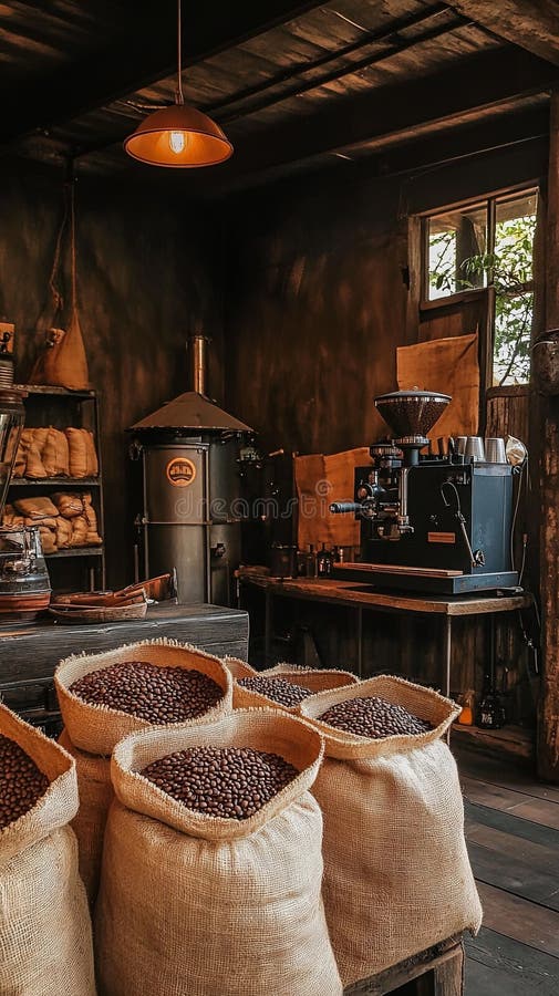 A Rustic Coffee Roastery with Burlap Sacks of Beans and Roasting Stock ...