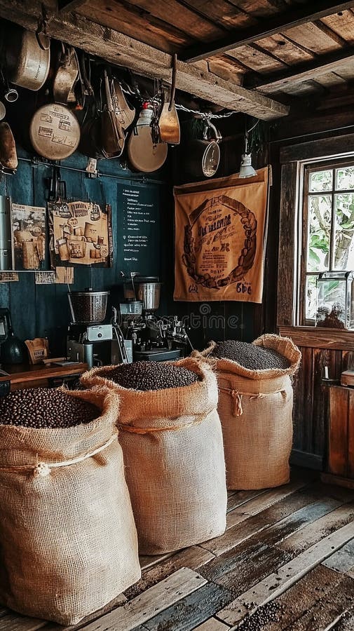 A Rustic Coffee Roastery with Burlap Sacks of Beans and Roasting Stock ...